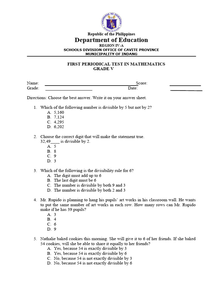 Grade 5 Math First Periodical Test | PDF | Division (Mathematics ...