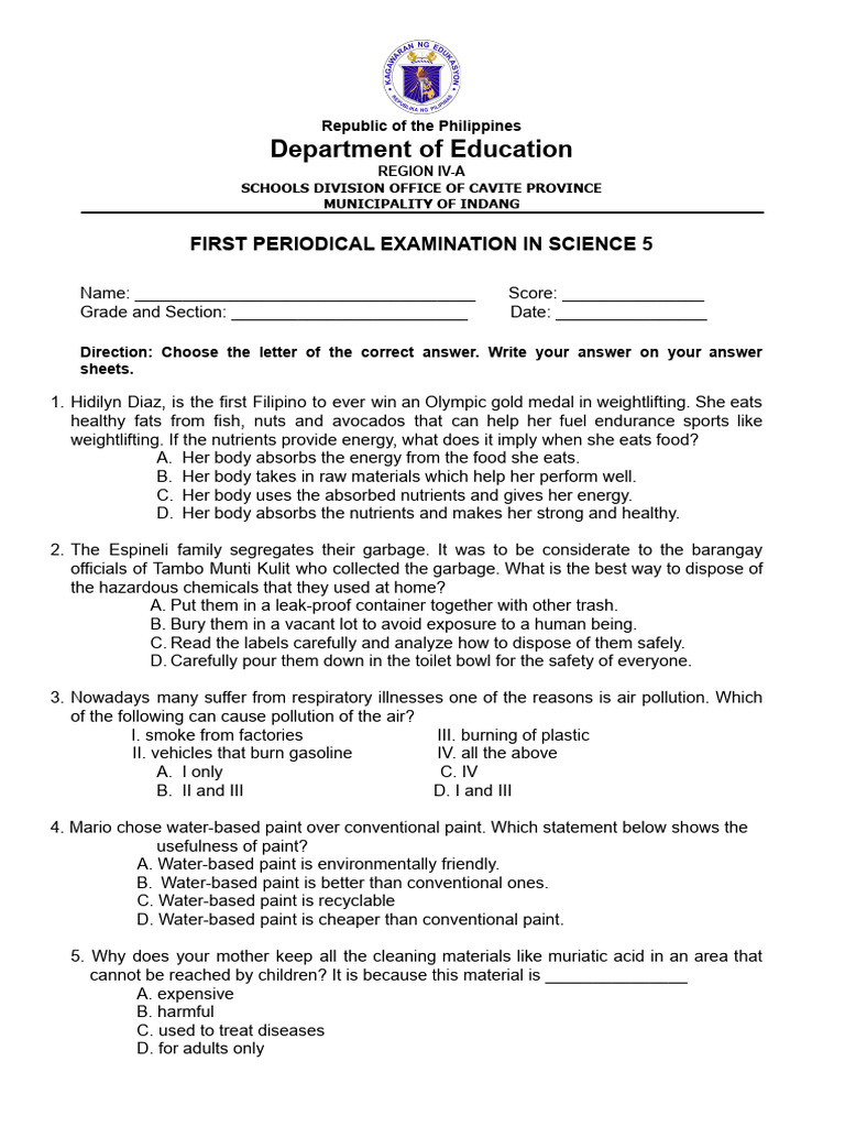 Science 5 First Quarter Test | PDF