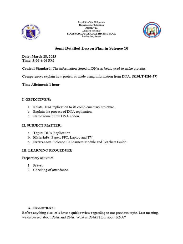 COT Lesson Plan | PDF | Dna | Dna Replication