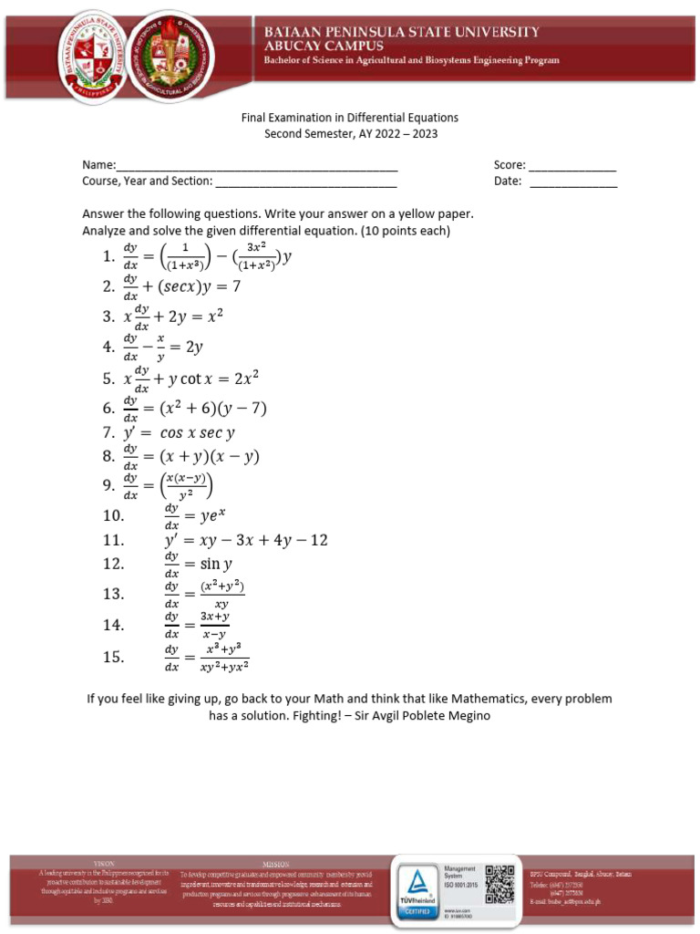 Differential Equations Final Exam 2023 | PDF | Differential Equations ...