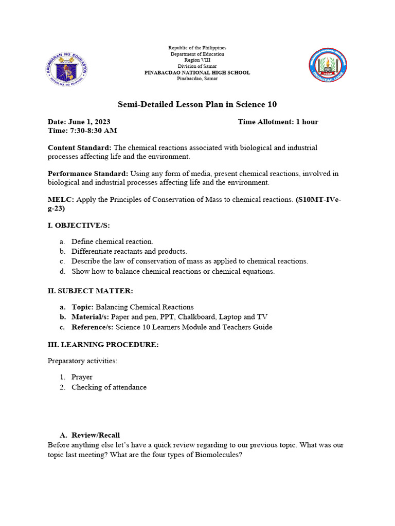 COT2-Lesson Plan in Science 9 | PDF | Chemical Reactions | Lesson Plan