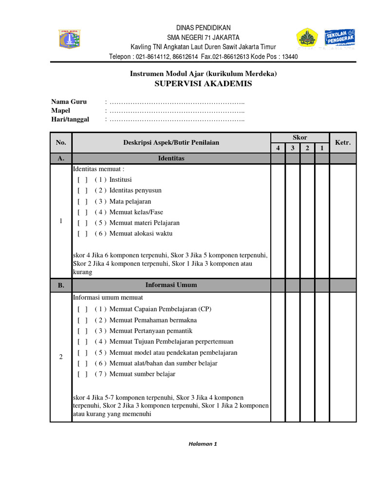 Instrumen Supervisi Modul Ajar 2023 | PDF