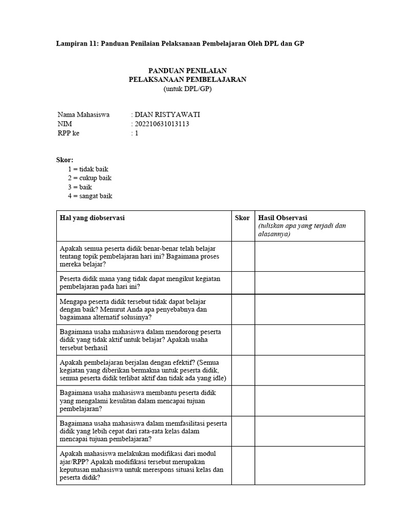 Lampiran 11 - Contoh Panduan Penilaian Pelaksanaan Pembelajaran Oleh DPL Dan GP | PDF