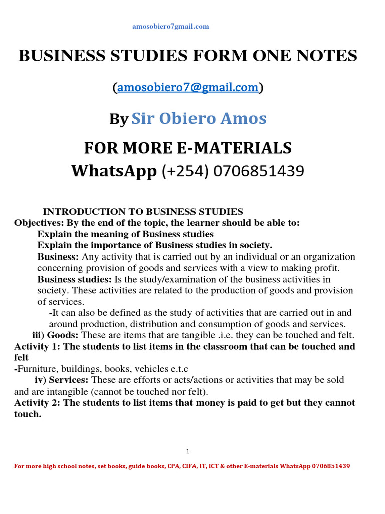 Form One Business Studies Notes | PDF | Entrepreneurship | Goods