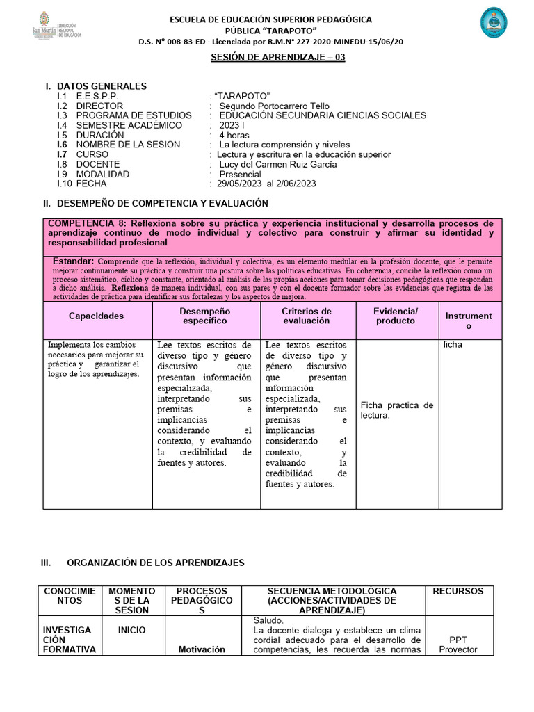 SESIÓN DE APRENDIZAJE Comprension Lectora | PDF | Maestros | Aprendizaje