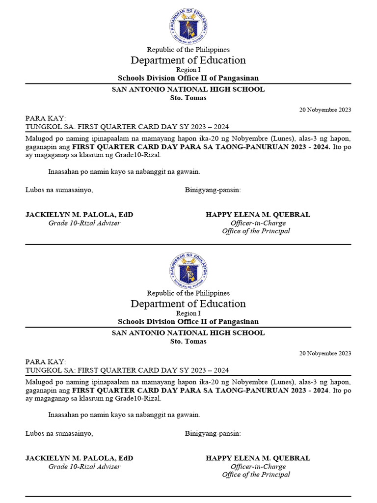 LETTER TO PARENTS - Meeting | PDF