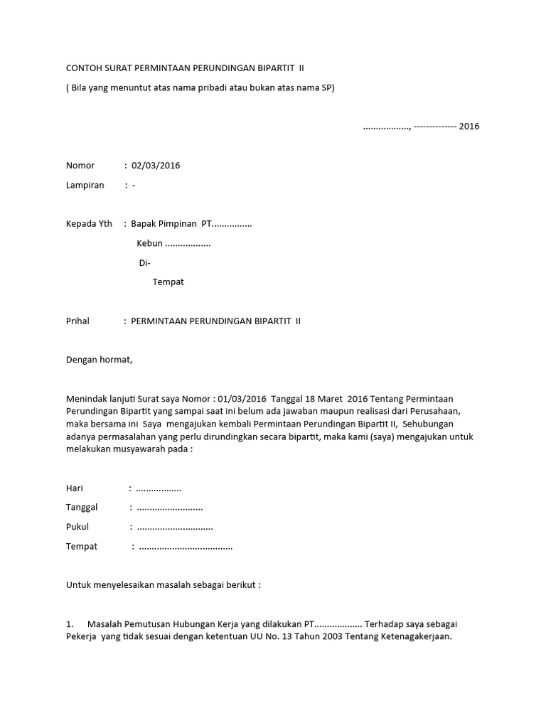 Contoh Surat Permintaan Perundingan Bipartit 2 | PDF