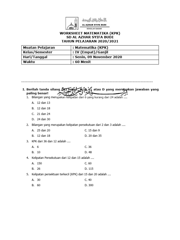 WORKSHEET MATEMATIKA-kpk | PDF