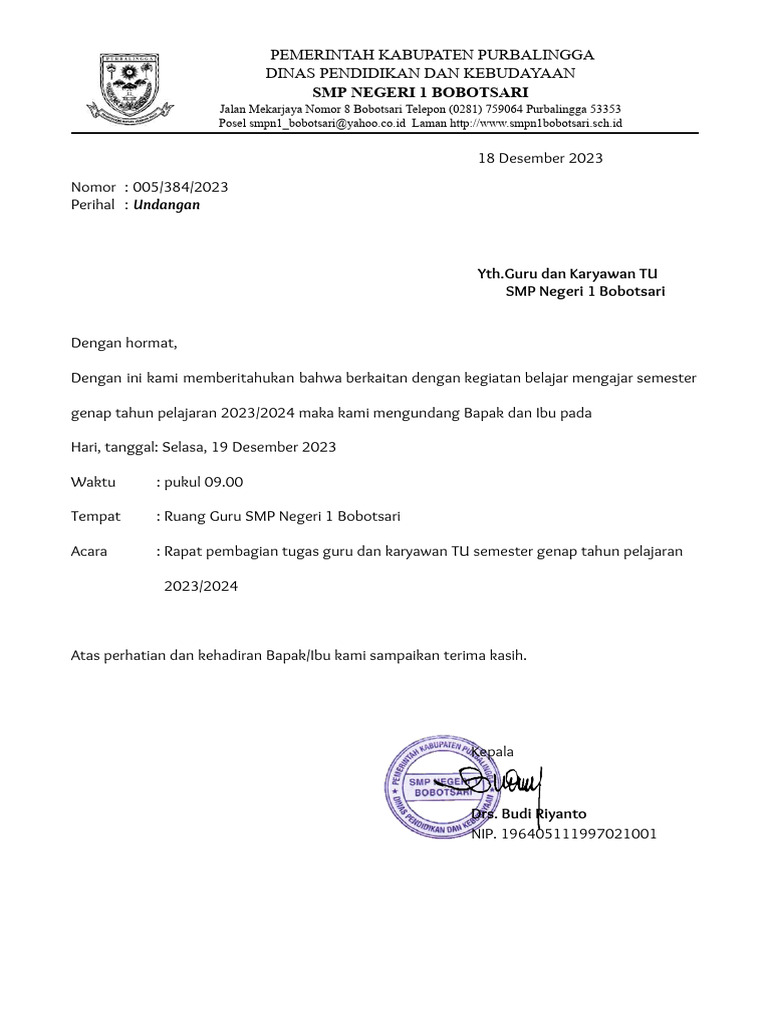 Undangan Rapat Pembagian Tugas Guru Dan Tu Semester Genap Tahun 2023 Pdf