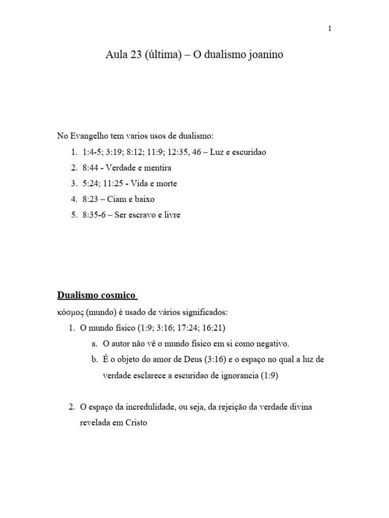 Aula 23 (ultimo) - O dualismo joanino | PDF | Teologia | Evangelho de João