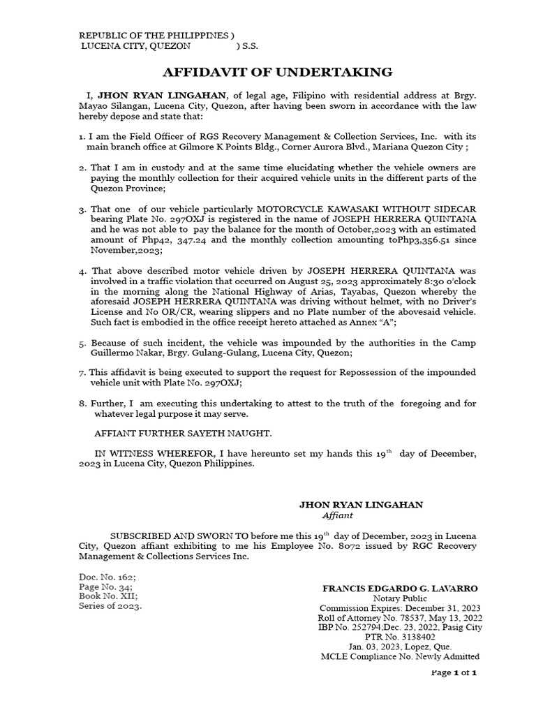 Affidavit of Undertaking To Release Impounded Vehicle | Download Free ...
