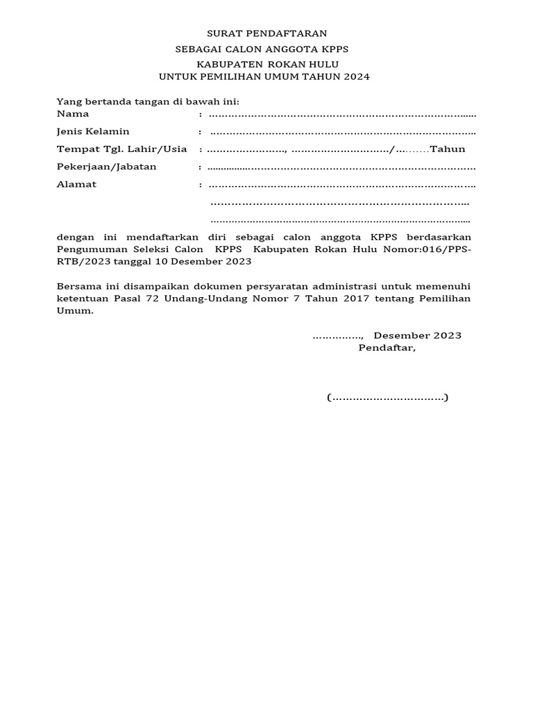 Formulir Pendaftaran Kpps Pemilu 2024 | PDF