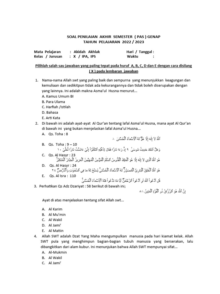 Soal PAS Akidh SMTR 2 Th. 2022-2023 | PDF