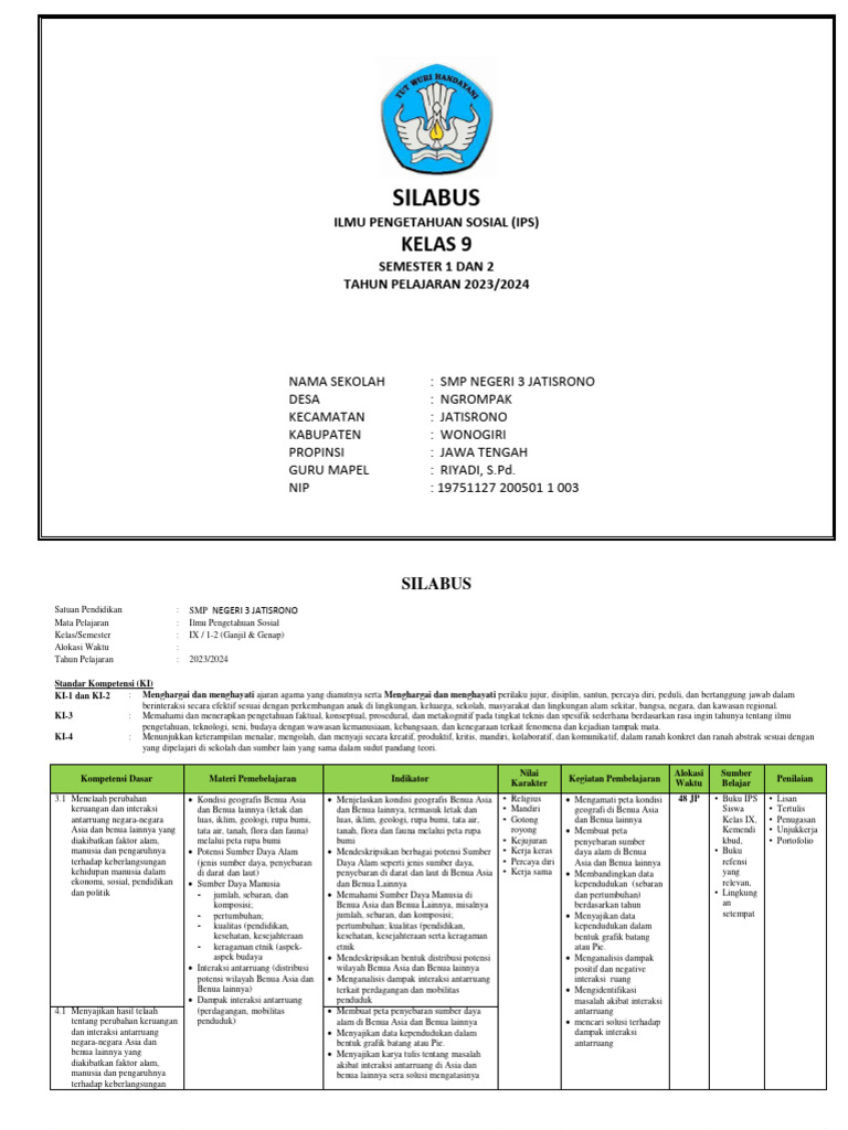 Silabus IPS Kelas 9 Semester 1-2 2023/2024 | PDF | Ilmu Sosial