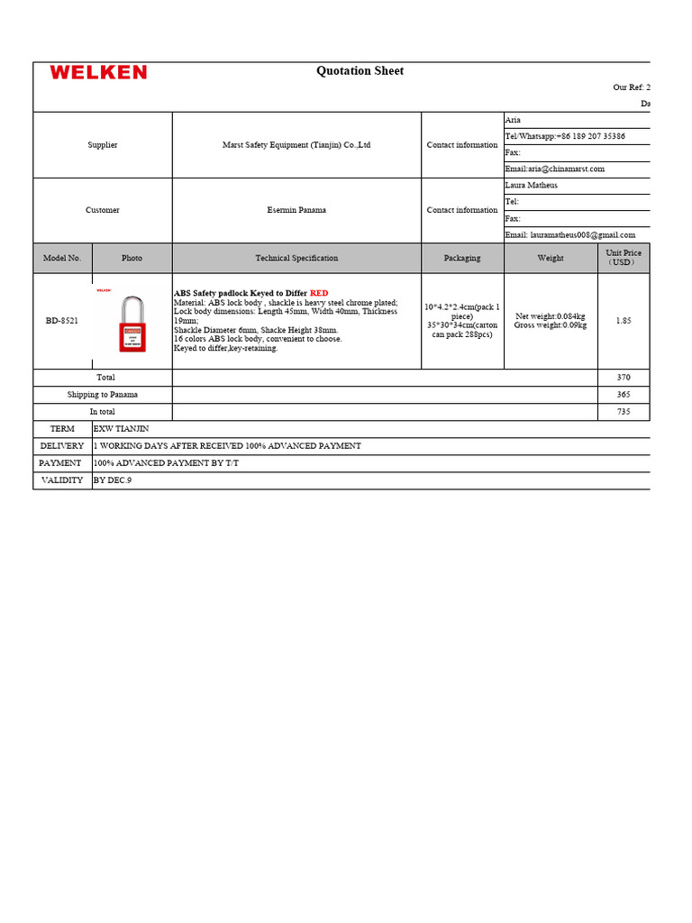 Quotation Sheet: ABS Safety Padlock Keyed To Differ | PDF | Automotive Industry | Car