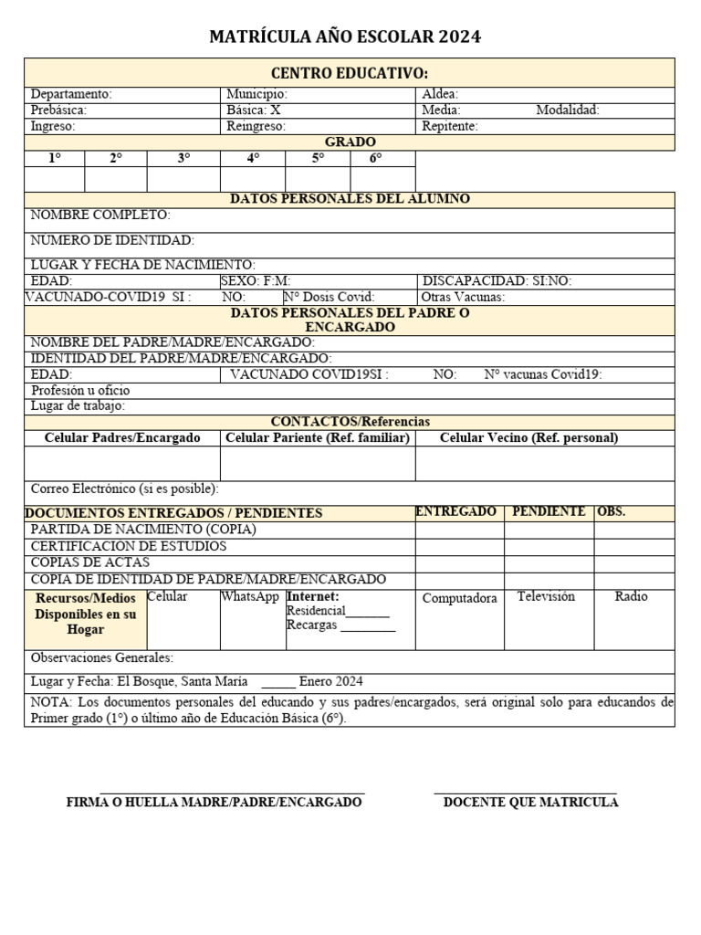 FICHA DE MATRÍCULA ESCOLAR 2024 Formato | PDF