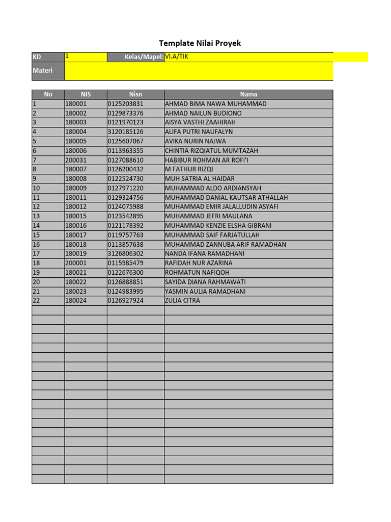 Template Nilai Proyek VI.a TIK | PDF