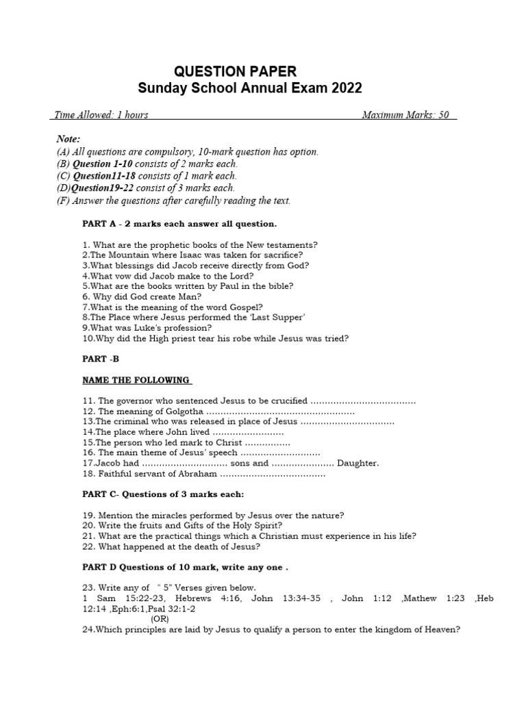 Sunday School Question Paper 2022 | PDF