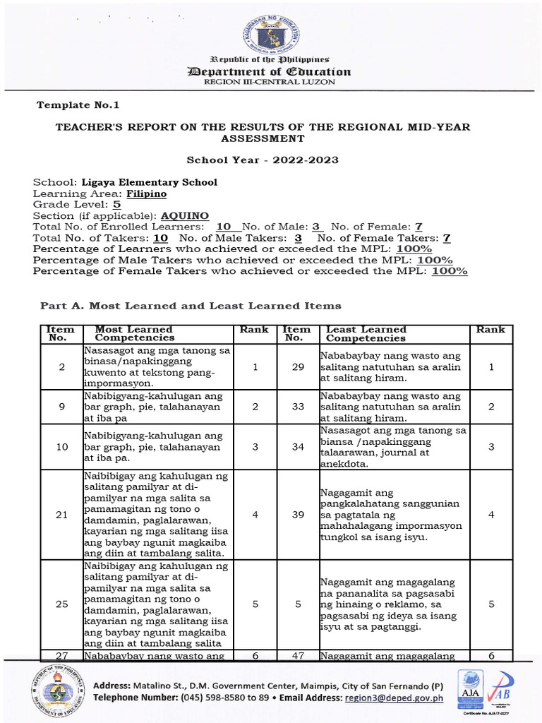 LES Teacher's Rerort 1 Filipino 5 | PDF