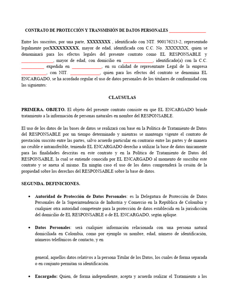 Modelo Guia Contrato de Protección y Transmisión de Datos Personales | PDF | Bases de datos ...