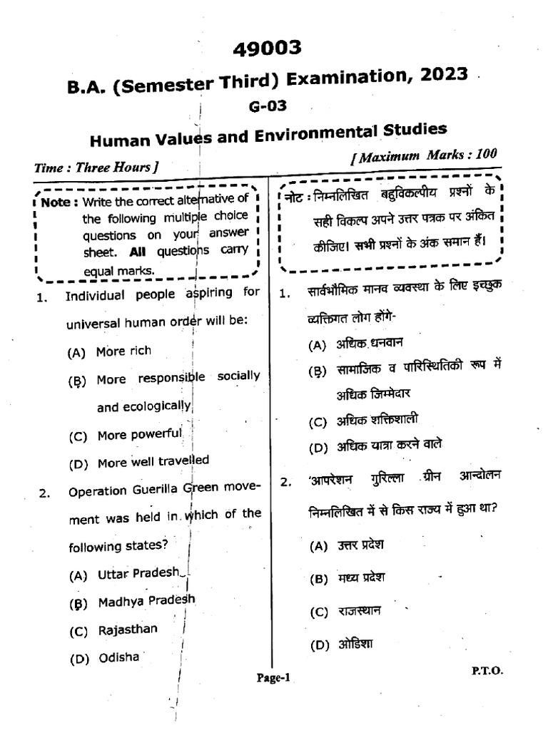 Ba 3 Sem Human Values and Environmental Studies 49003 2023 | PDF