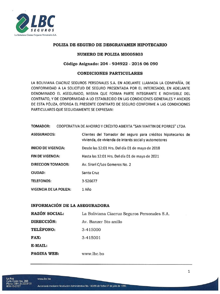Ejemplo de Pólizas de Seguros Bolivia - Generalidades | PDF