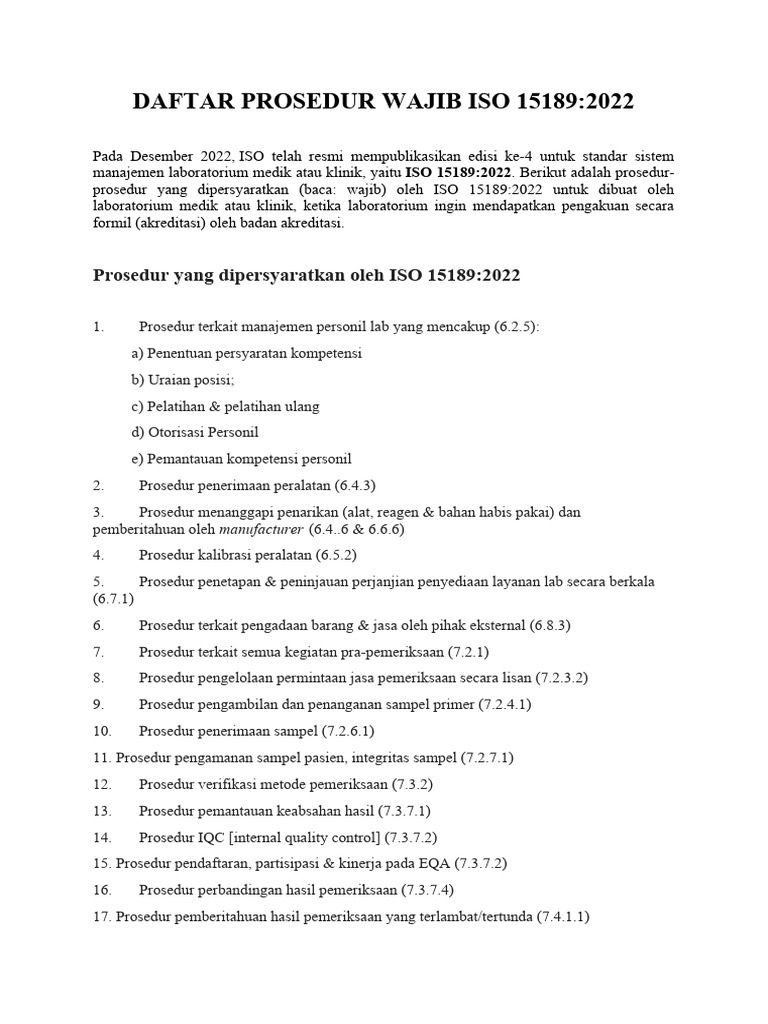 Daftar Prosedur Wajib Iso 15189 2022 | PDF