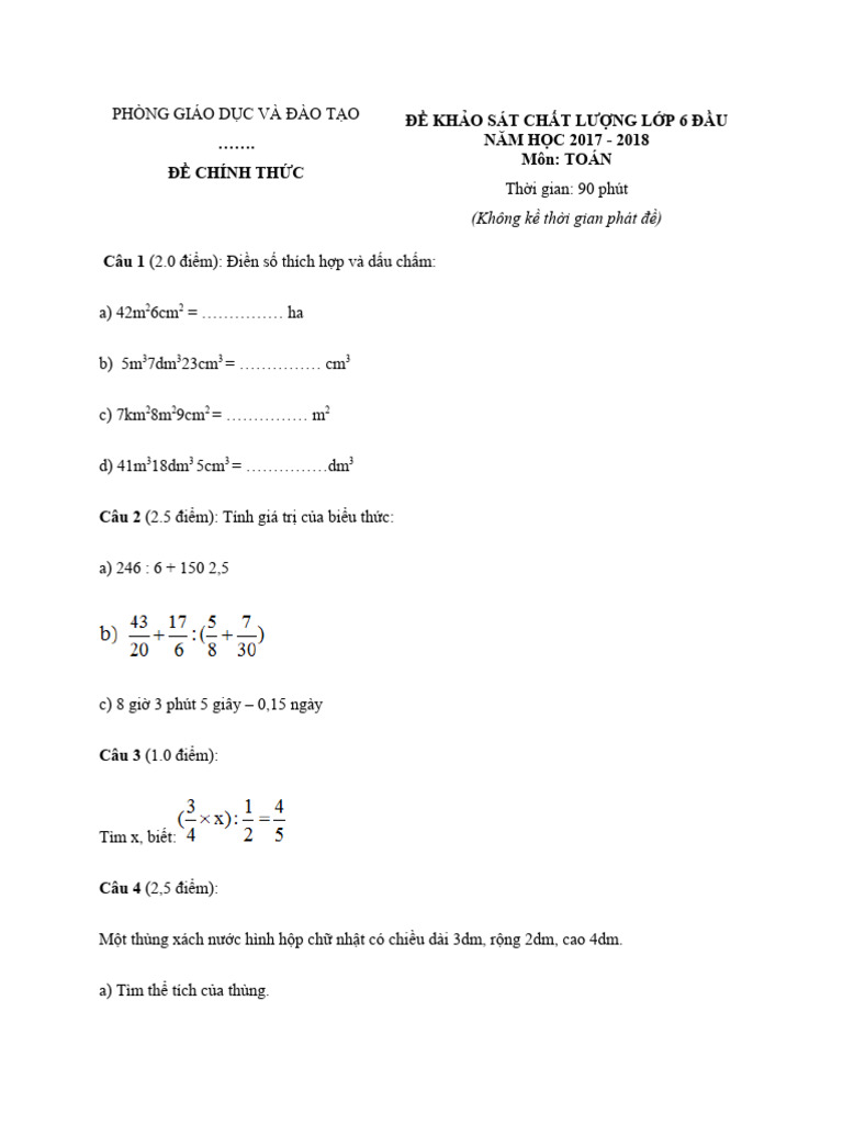 De Khao Sat Chat Luong Dau Nam Toan Lop 6 Nam 2017 2018 | PDF