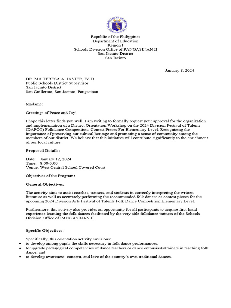 Orientation Request Letter Folkdance | PDF