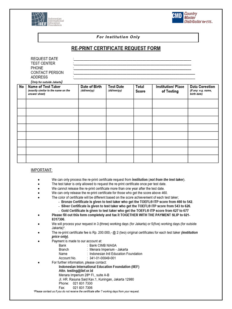 Reprint Certificate Request Form 2014 (Revised) | PDF | Test Of English ...