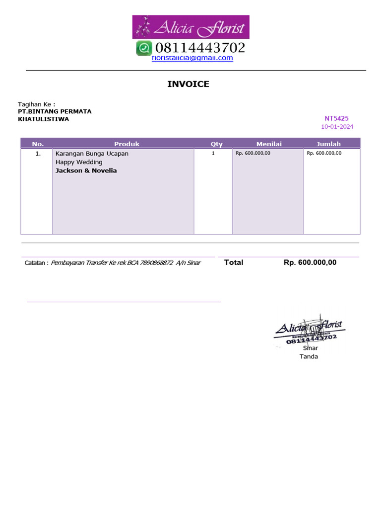 Invoice Karangan Bunga PT Bintang Permata | PDF