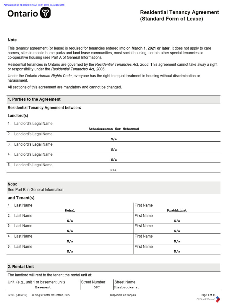 Ontario Residential Tenancy Agreement | PDF | Leasehold Estate | Landlord