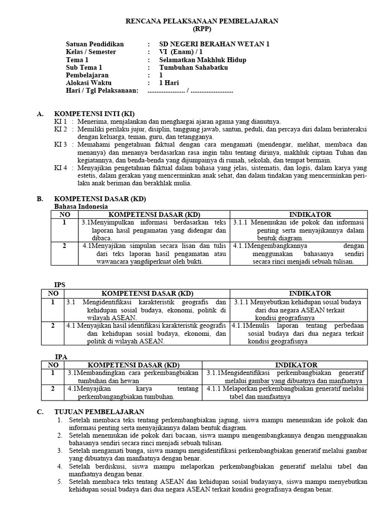 RPP Tema 1 Kelas | PDF