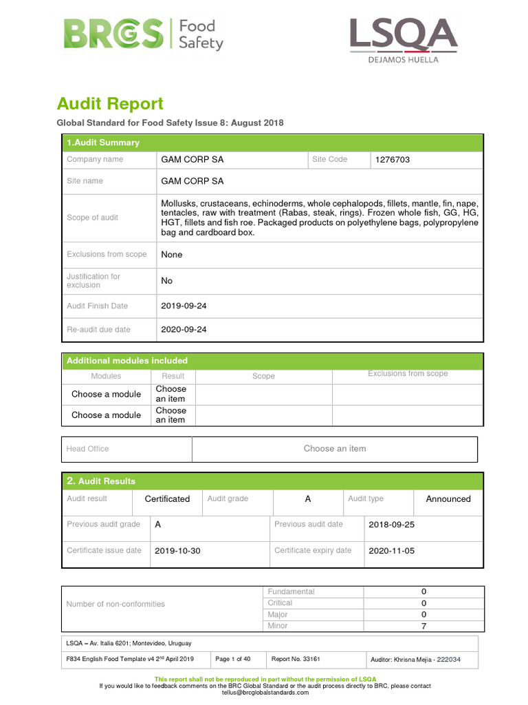 f834 - Lsqa BRC Food 8 Audit Report (17) Gam-Corp | PDF