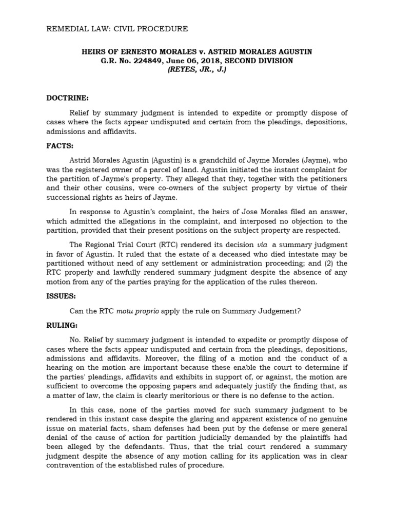 June 6 - Heirs of Ernesto Morales v. Astrid Morales Agustin (Summary ...