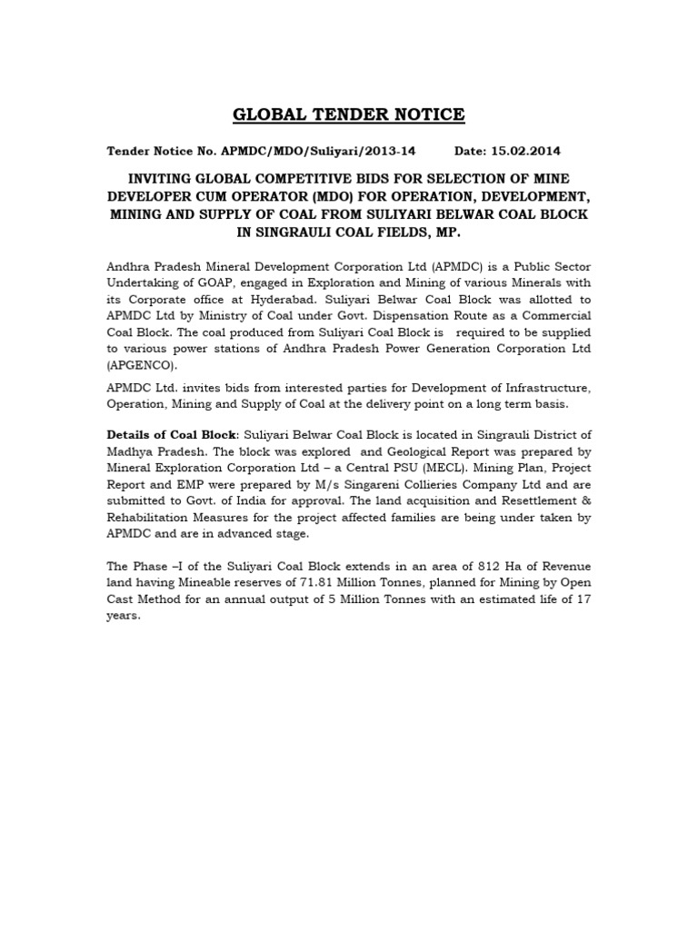 MDO Tender Noti | PDF | Coal Mining | Mining