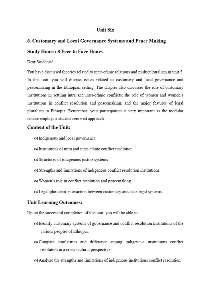 Unit Six 6. Customary and Local Governance Systems and Peace Making ...