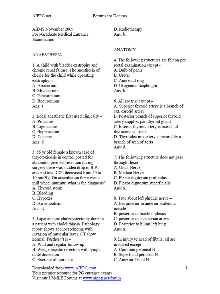 AIIMS PG Medical Exam Question Paper | PDF