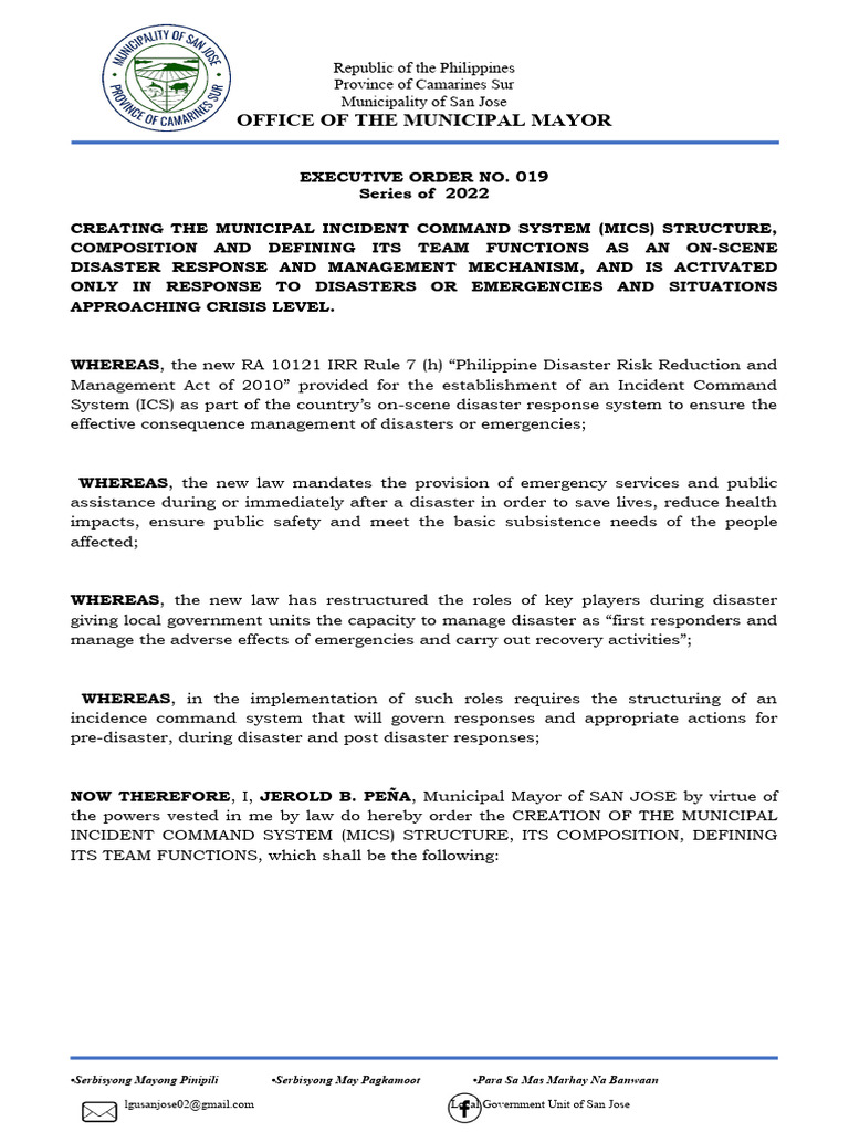 Executive Orders MDRRMC | PDF | Incident Command System | Emergency ...