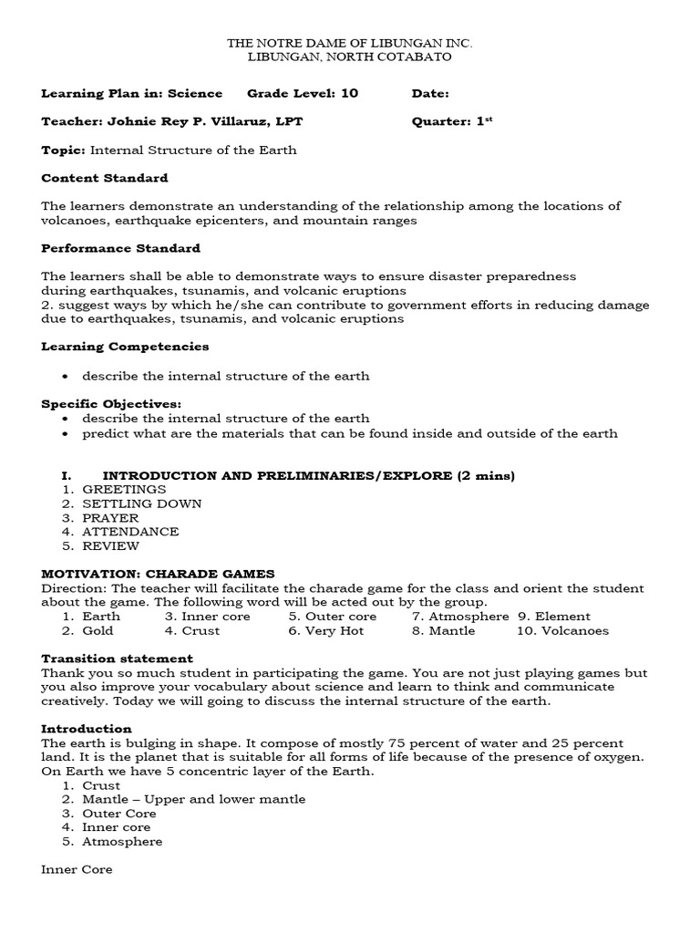 Grade 10 Earth Science Plan | PDF | Planetary Core | Earth