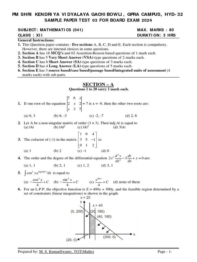 Maths Class Xii Sample Paper Test 03 for Board Exam 2024 | PDF Maths Class Xii Sample Paper Test 03 for Board Exam 2024 | PDF