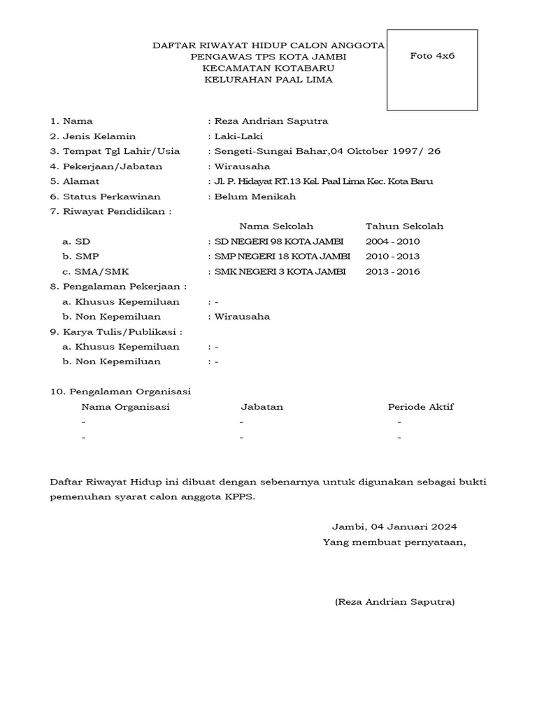 CV Reza Andrian: Calon Pengawas TPS Jambi | PDF
