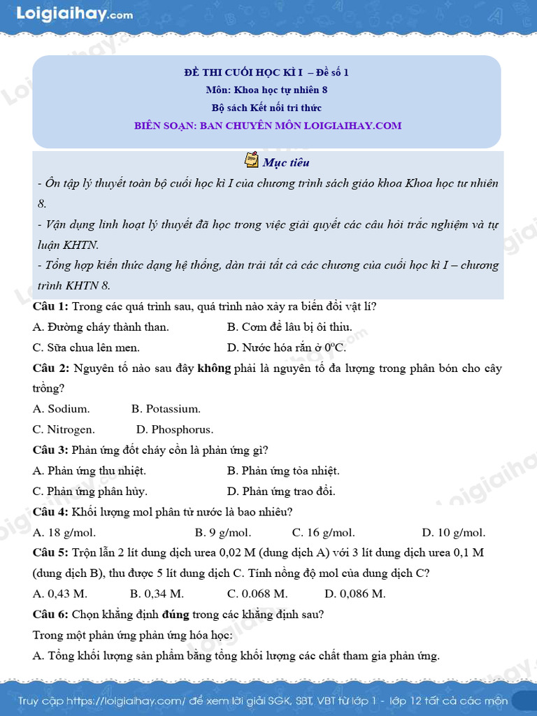 De Thi Hoc Ki 1 KHTN 8 Ket Noi Tri Thuc de So 1 1700557565 | PDF
