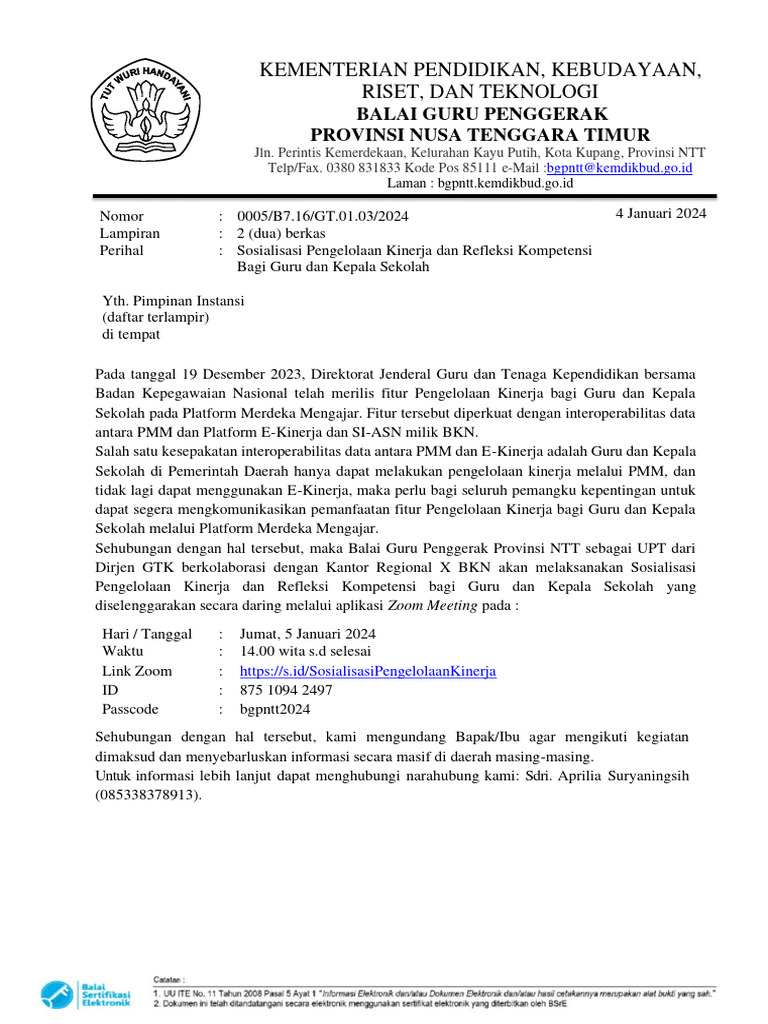 BGP Ntt-Sosialisasi Pengelolaan Kinerja Dan Refkom-Disdik Dan BKD | PDF