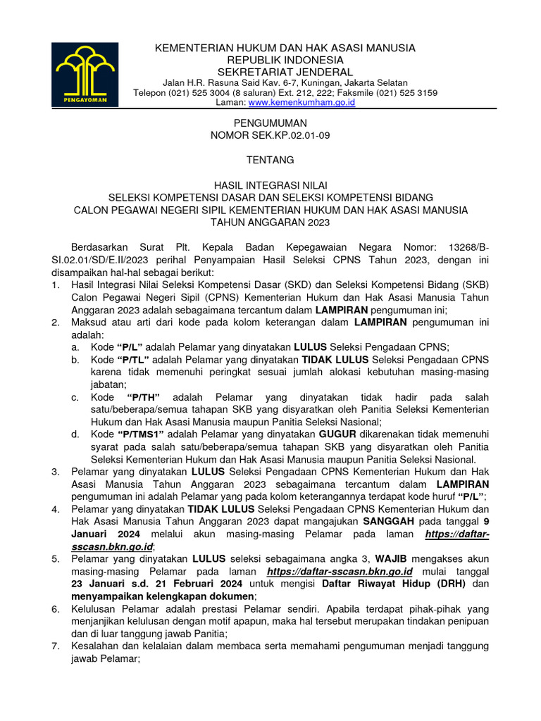 Pengumuman & Lampiran Hasil Integrasi Nilai SKD Dan SKB CPNS T.A. 2023 | PDF