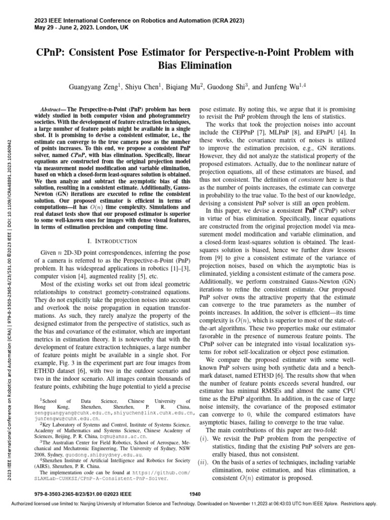 CPNP Consistent Pose Estimator For Perspective-n-Point Problem With Bias Elimination | PDF ...