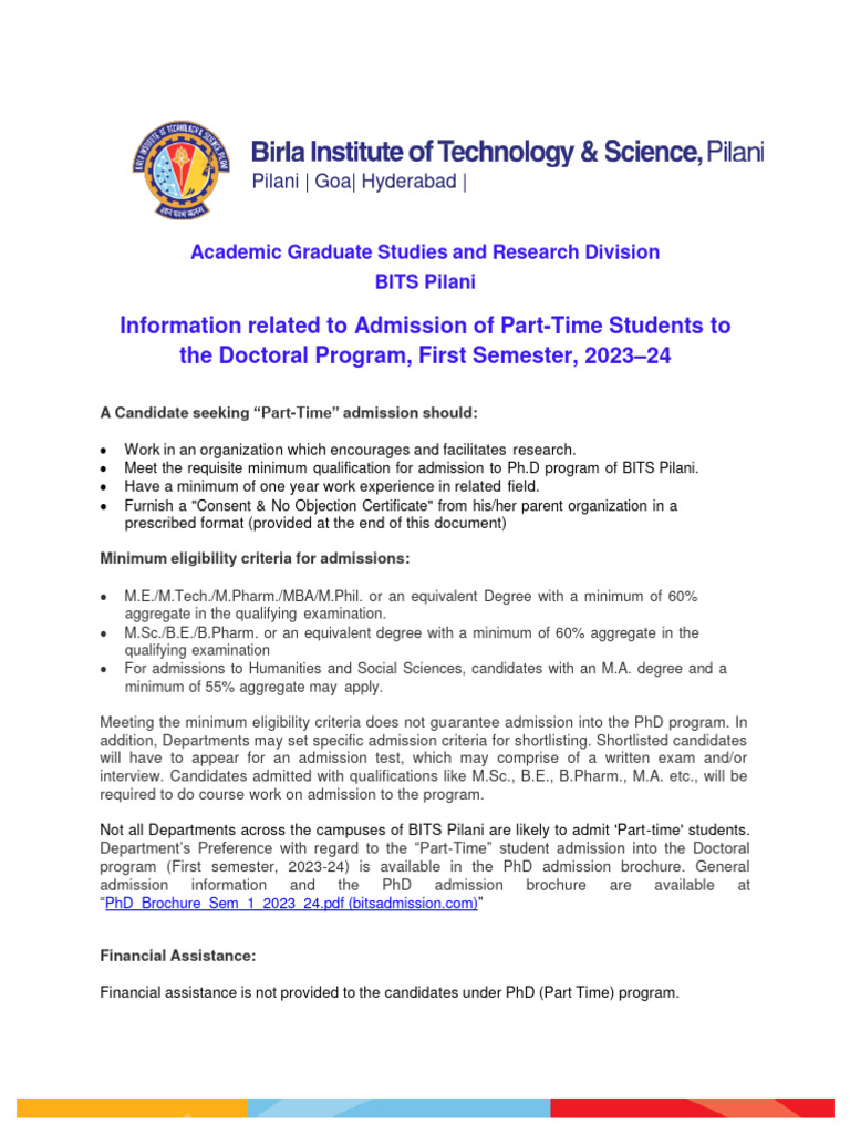 BITS Pilani Part-Time PhD Admissions 2023-24 | PDF | Doctor Of ...