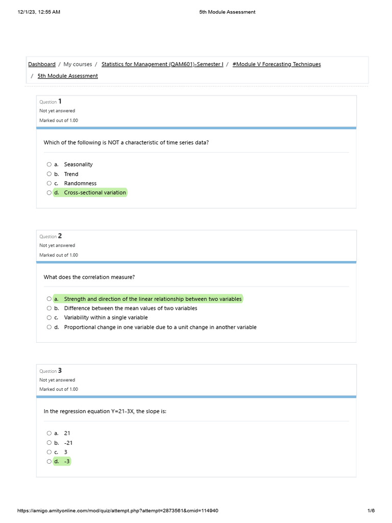 5th Module Assessment - Statistics For Management (QAM601) - Semester I | PDF | Linear ...