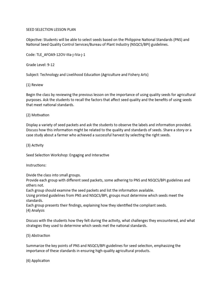 Seed Selection Lesson Plan | PDF | Lesson Plan | Seed