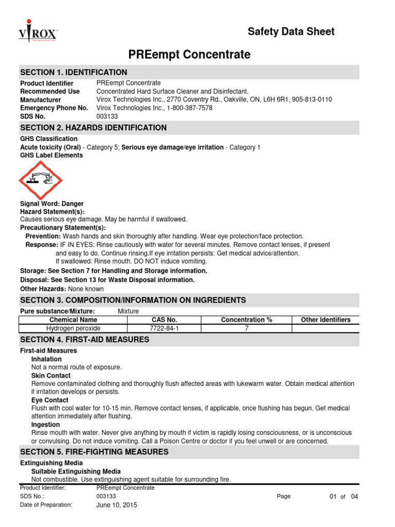 PREempt Concentrate SDS ENG | PDF | Self-Improvement | Wellness